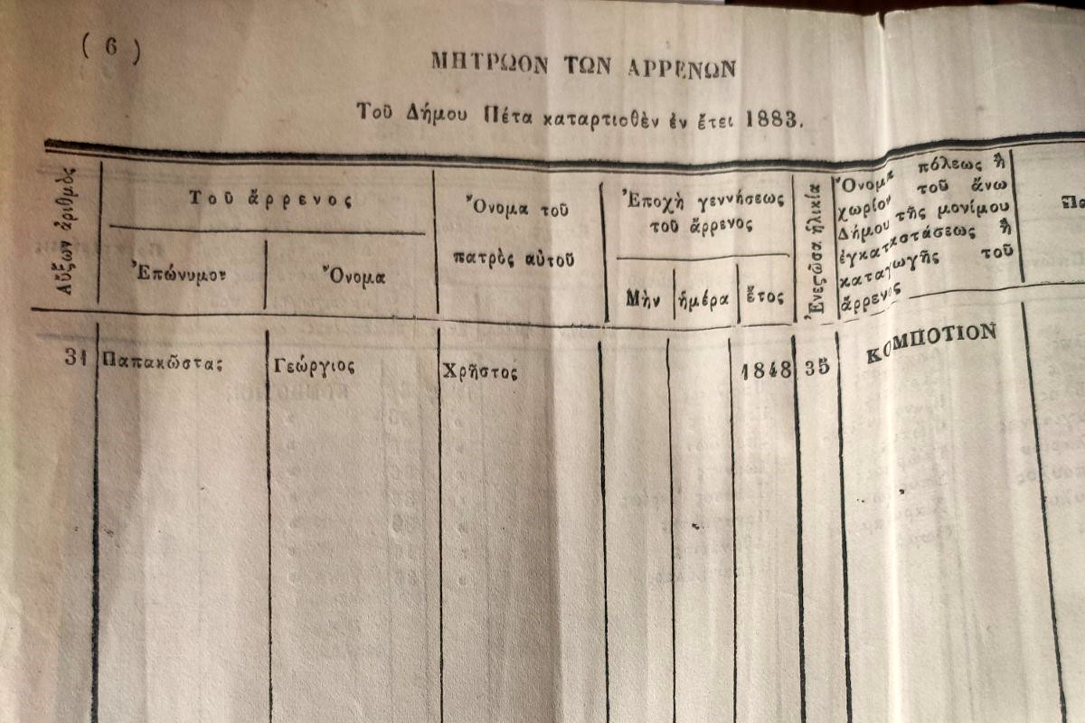 ΤΟ ΜΗΤΡΩΟΝ ΑΡΡΕΝΩΝ ΤΟΥ ΧΩΡΙΟΥ ΚΟΜΠΟΤΙ, ΤΟΥ ΔΗΜΟΥ ΠΕΤΑ , ΤΗΣ ΕΠΑΡΧΙΑΣ ...
